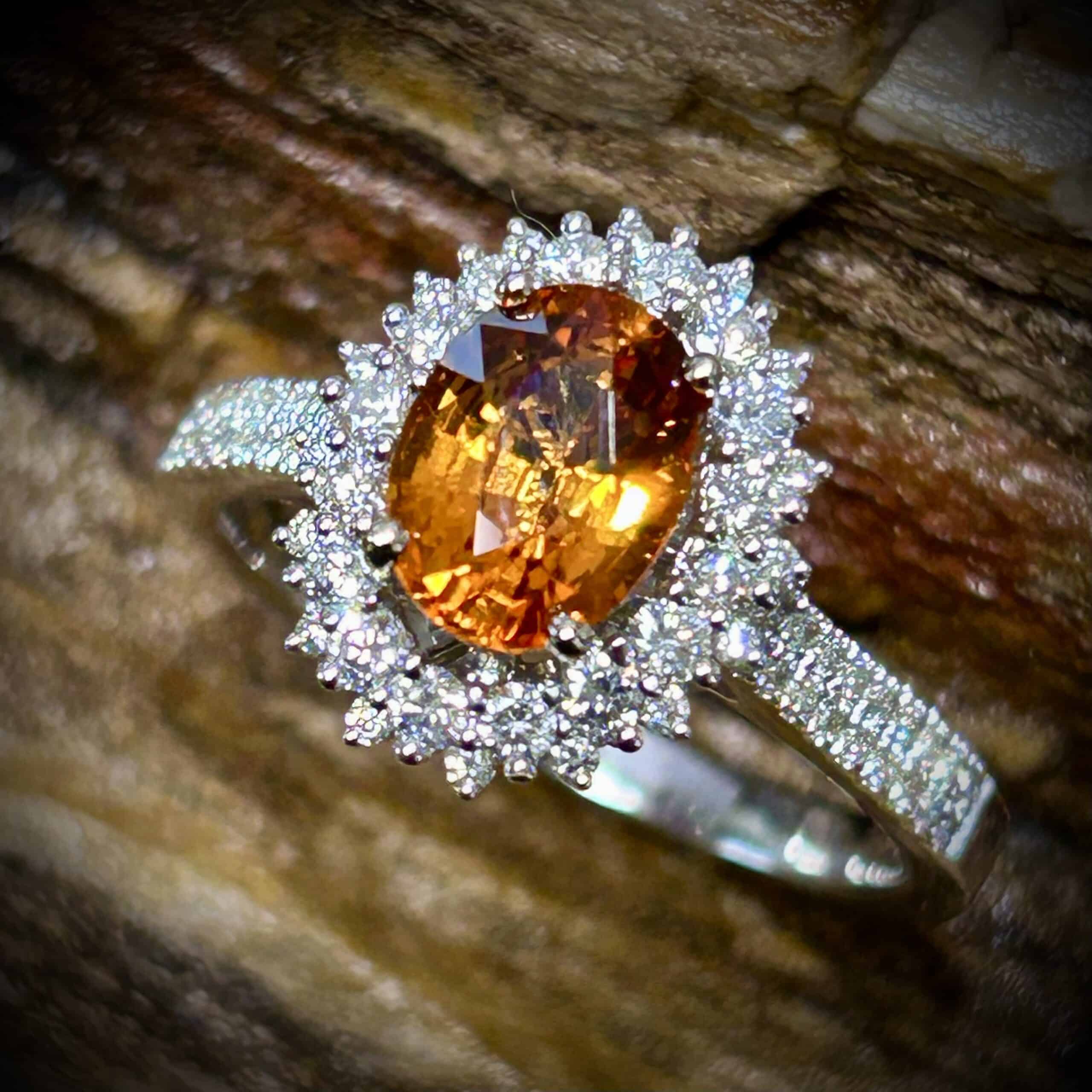 Orange Sapphire Diamond Ring set in 14K White Gold